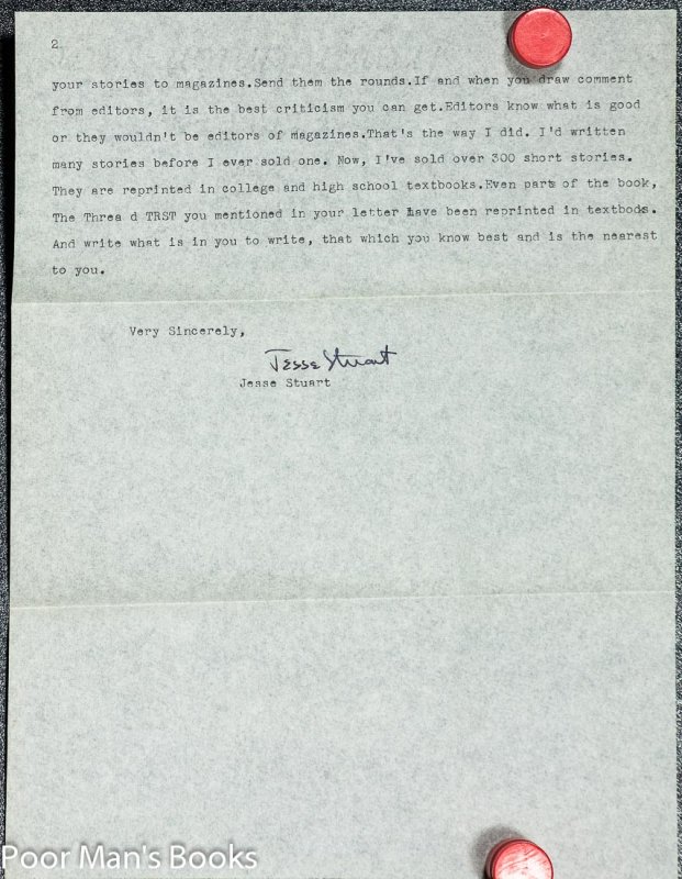 JESSE HILTON STUART SIGNED BY STUART. TLS TO JOURNALIST DEANE MORRISON